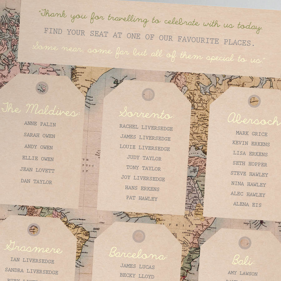 Vintage Travel Map Table Plan designed by Rodo Creative in Sale, Manchester