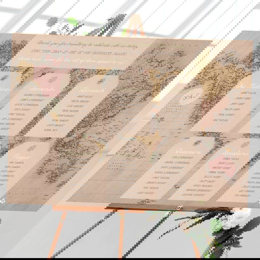 Vintage Travel Map Table Plan designed by Rodo Creative in Sale, Manchester