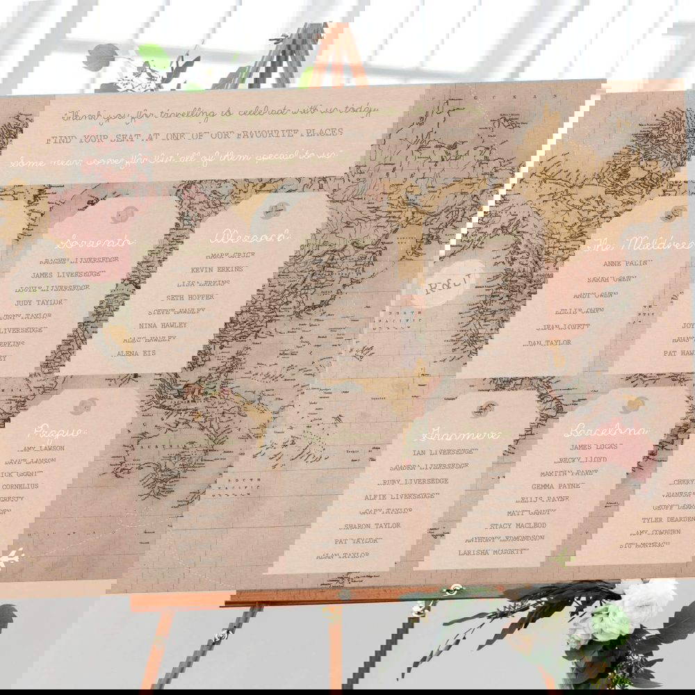 Vintage Travel Map Table Plan designed by Rodo Creative in Sale, Manchester