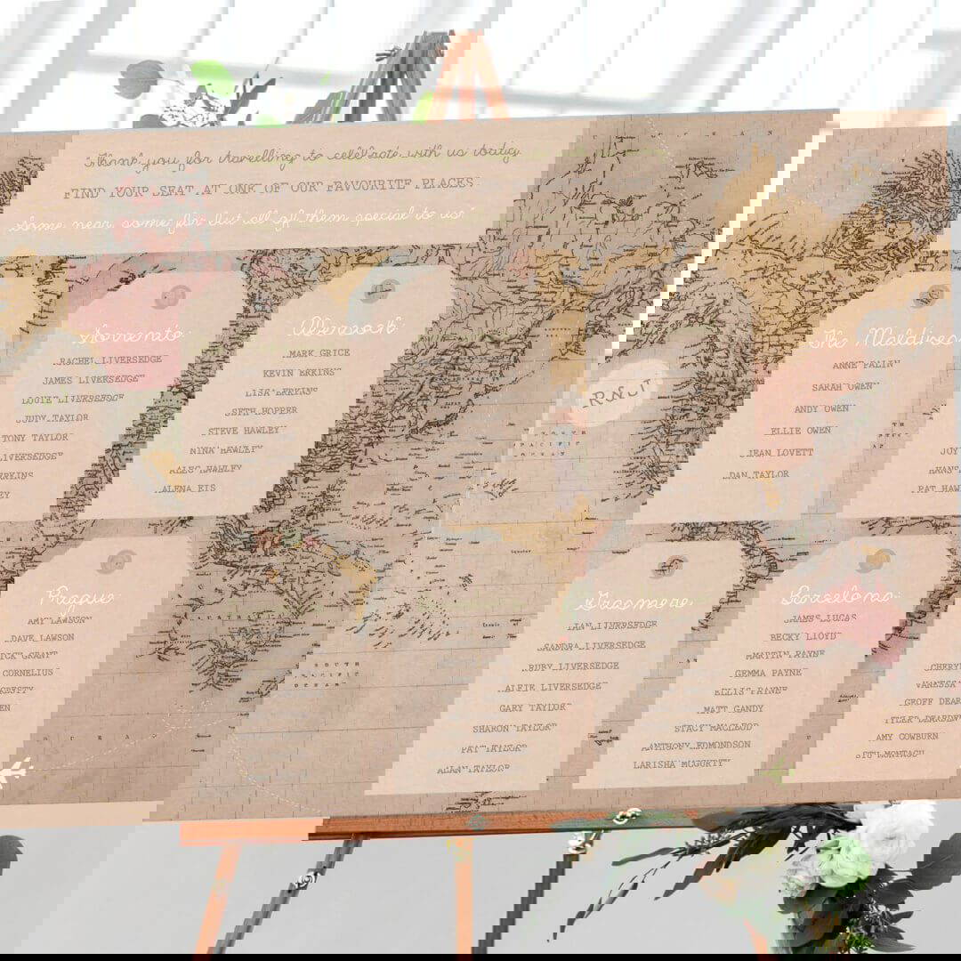 Vintage Travel Map Table Plan designed by Rodo Creative in Sale, Manchester