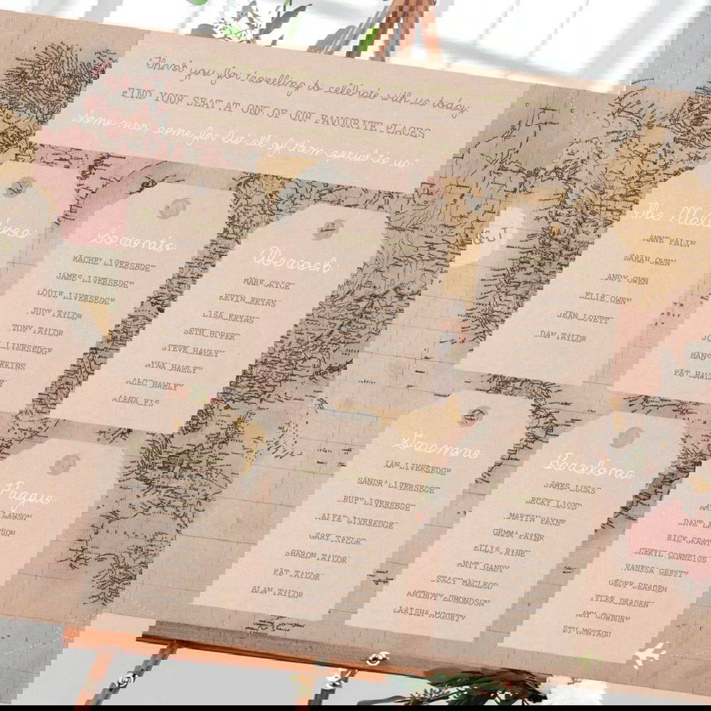 Vintage Travel Map Table Plan designed by Rodo Creative in Sale, Manchester