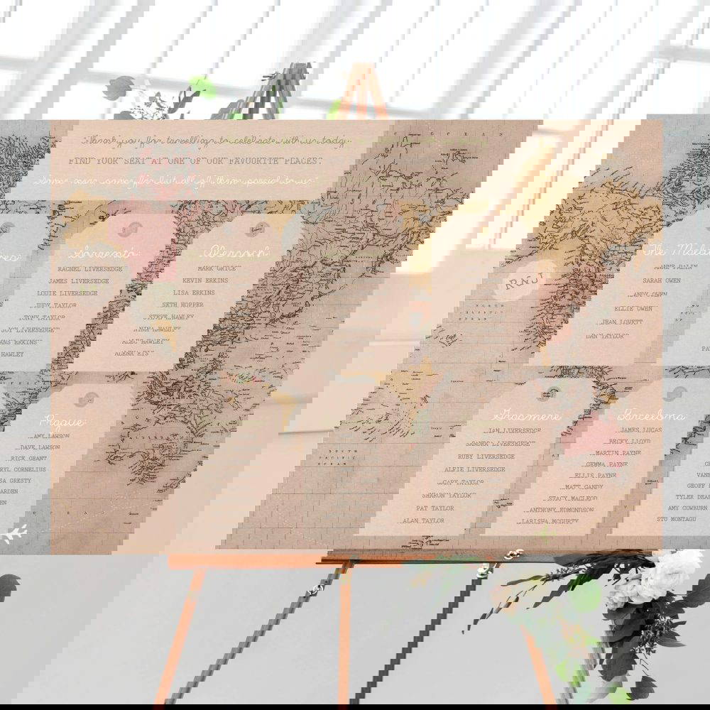 Vintage Travel Map Table Plan designed by Rodo Creative in Sale, Manchester