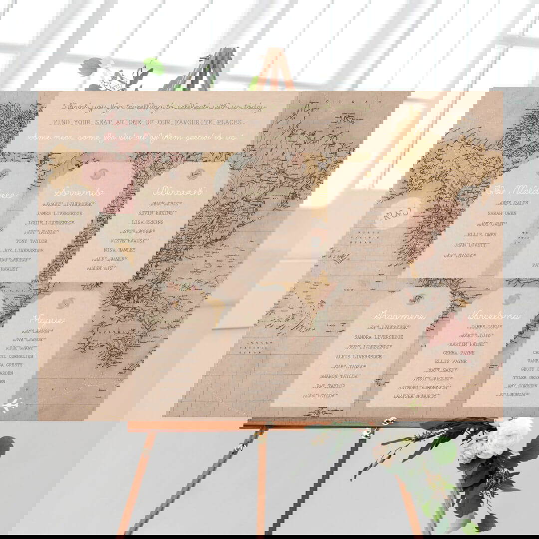 Vintage Travel Map Table Plan designed by Rodo Creative in Sale, Manchester