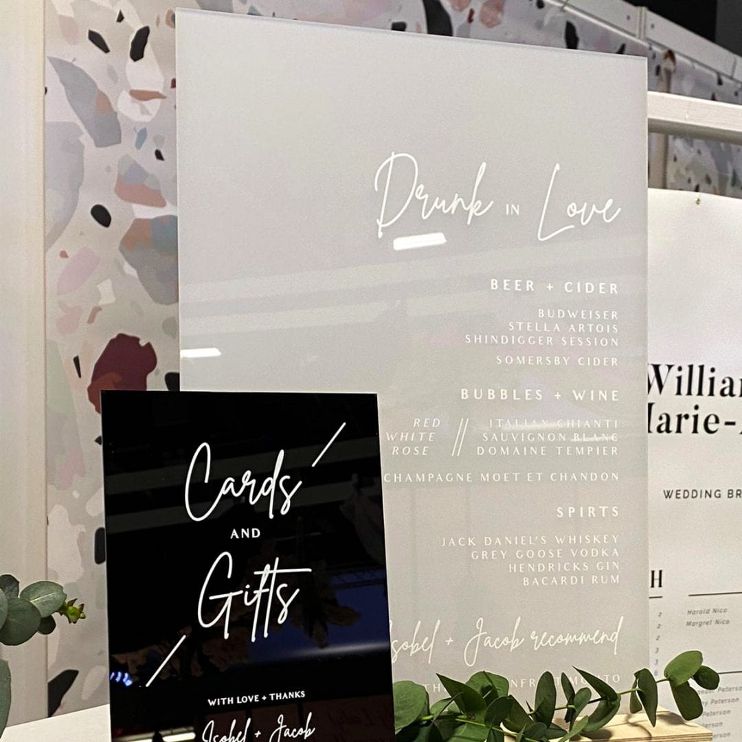 Acrylic Drinks Menu - Signage for a modern wedding - By Rodo Creative