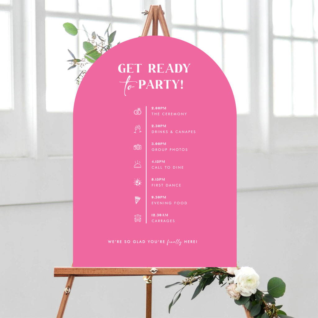 Pink Curved Wedding Timeline Sign - By Rodo Creative